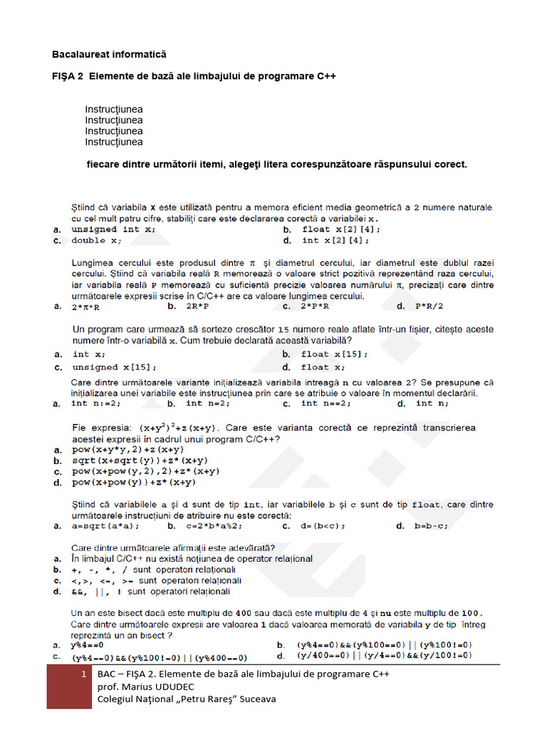 Elemente de Baza Ale Limbajului de Programare C | PDF