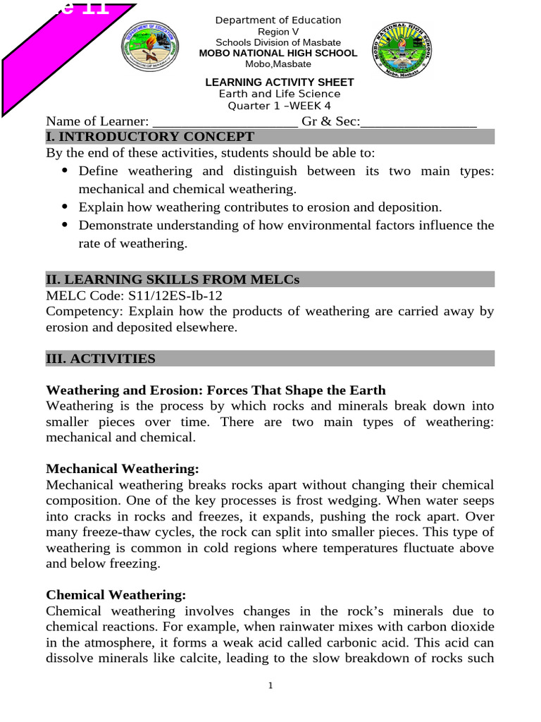 LAS ELS Lesson 5 Weathering Day 1 | PDF