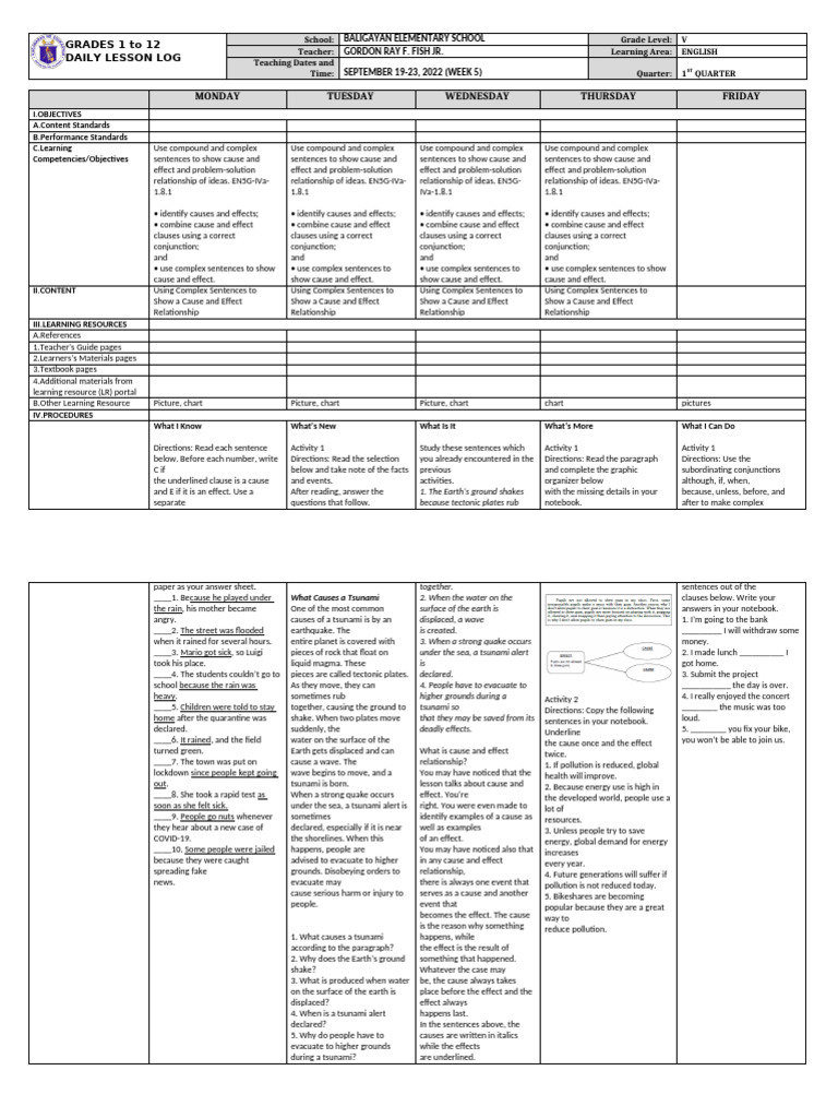 DLL - English 5 - Q1 - W5 | PDF