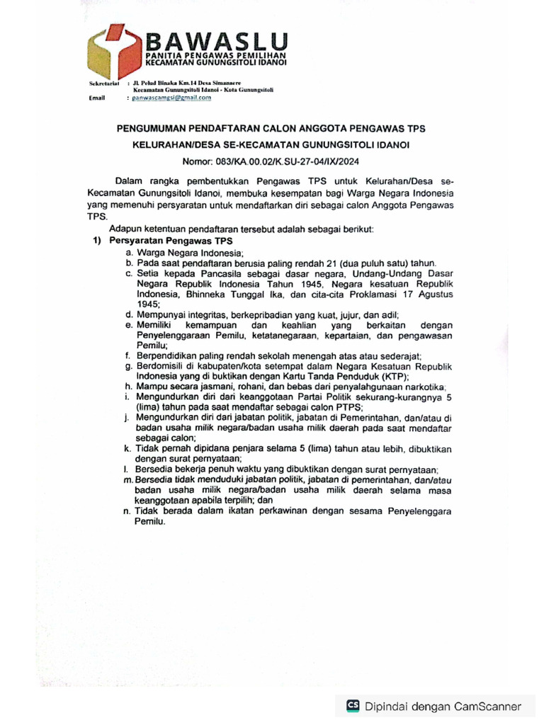 Pengumuman Perekrutan PTPS | PDF