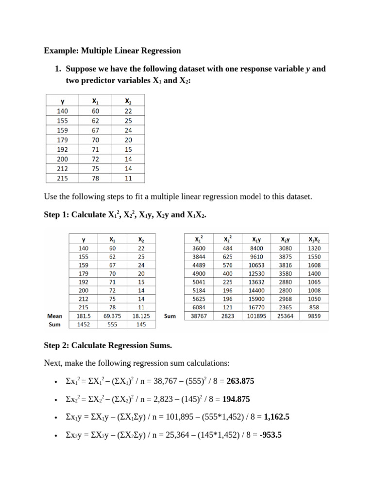 Example: Multiple Linear Regression 1. Suppose We Have The Following Dataset With One Response ...