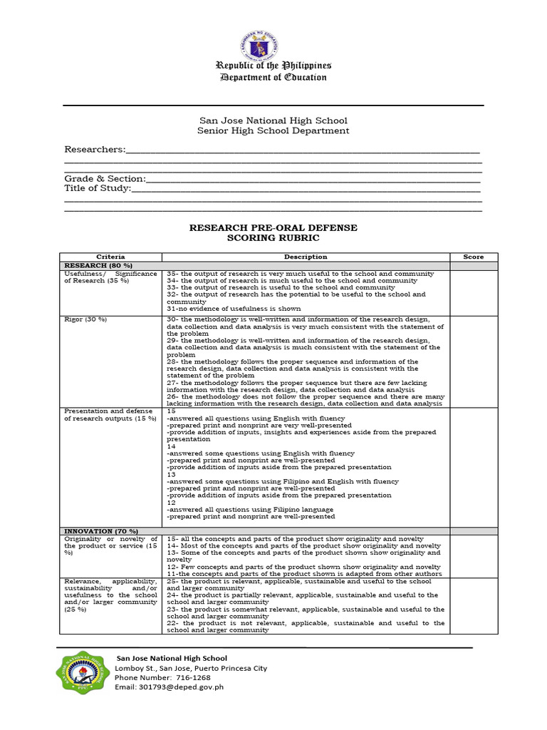 Pre Oral Defense Rubric | PDF