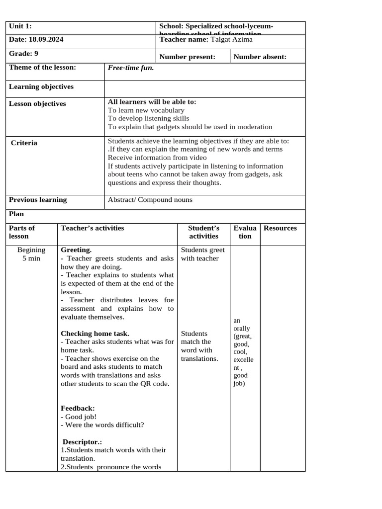 Lesson Plan OZAT (Копия) | PDF