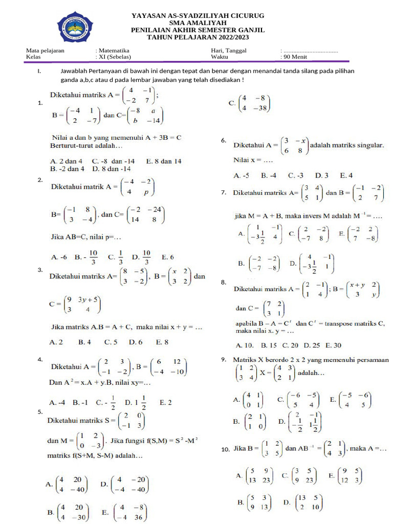 Pas Ganjil 2022-2023 - Matematika Xi | PDF