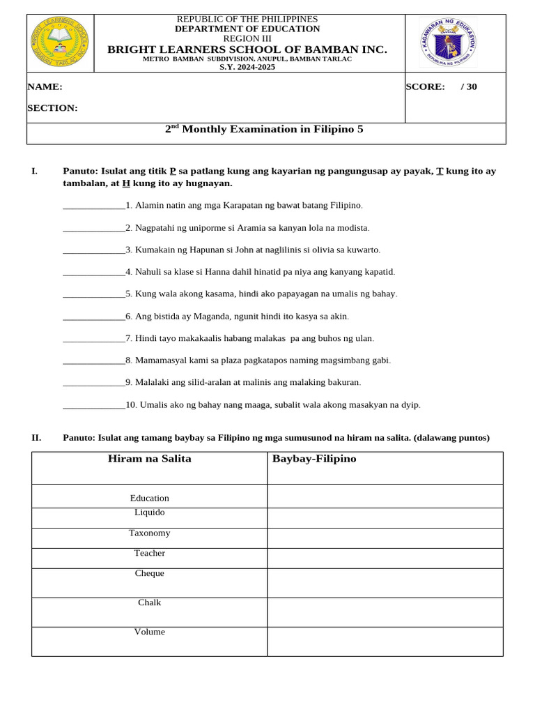 GRADE-5-FILIPINO-2ND-MONTHLY-EXAM | PDF