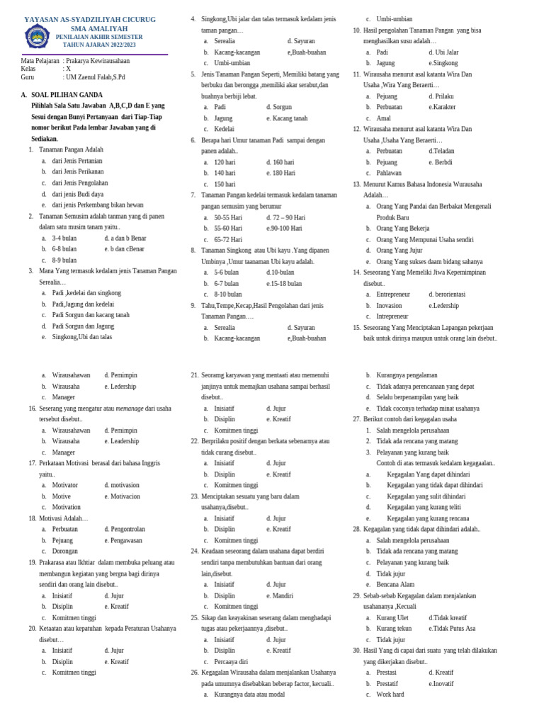Pas Ganjil 2022-2023 - Pkwu X | PDF