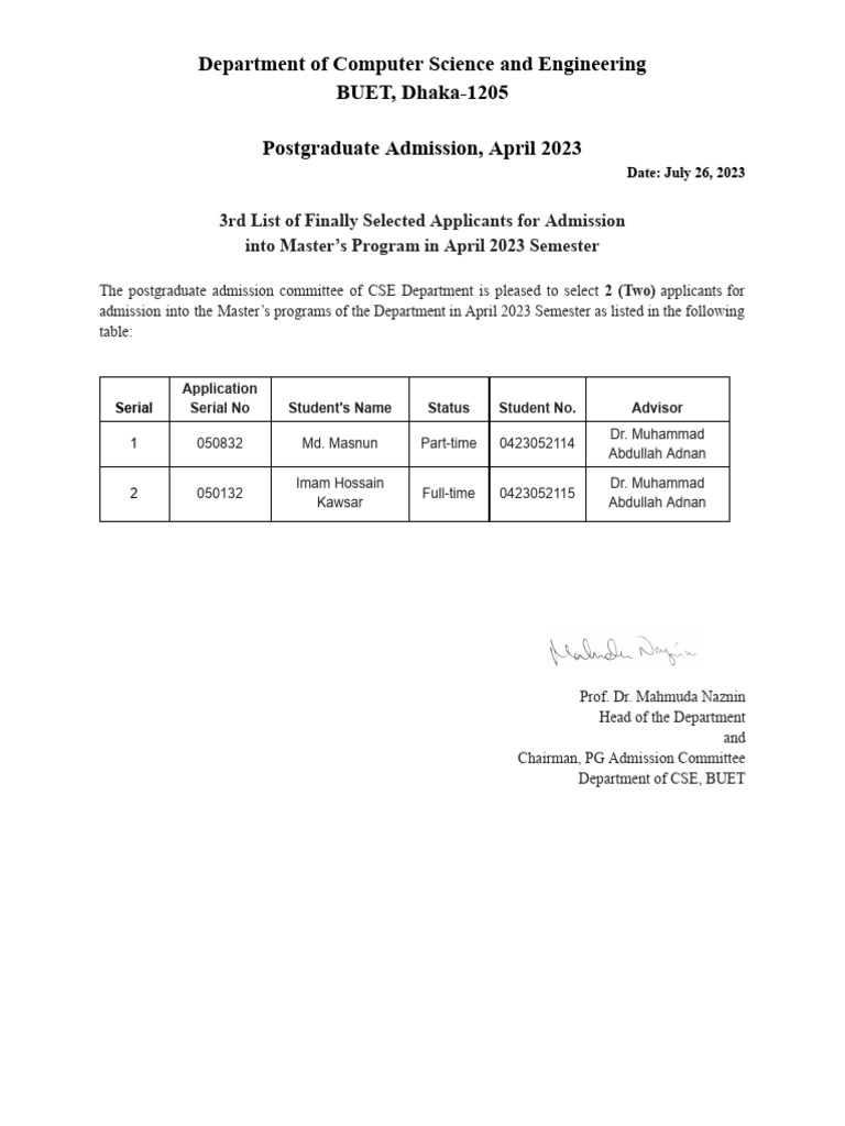 3rd List of Finally Selected Masters Applicants | PDF