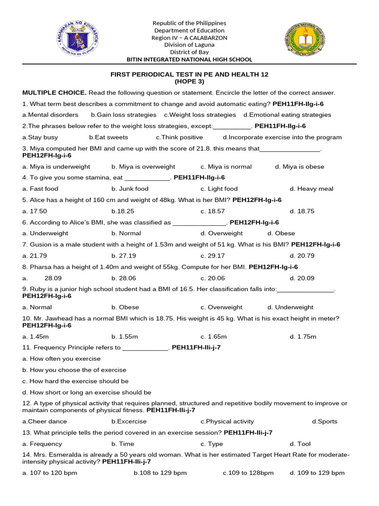 PE and Health 12 First Periodical Test | PDF | Body Mass Index | Obesity