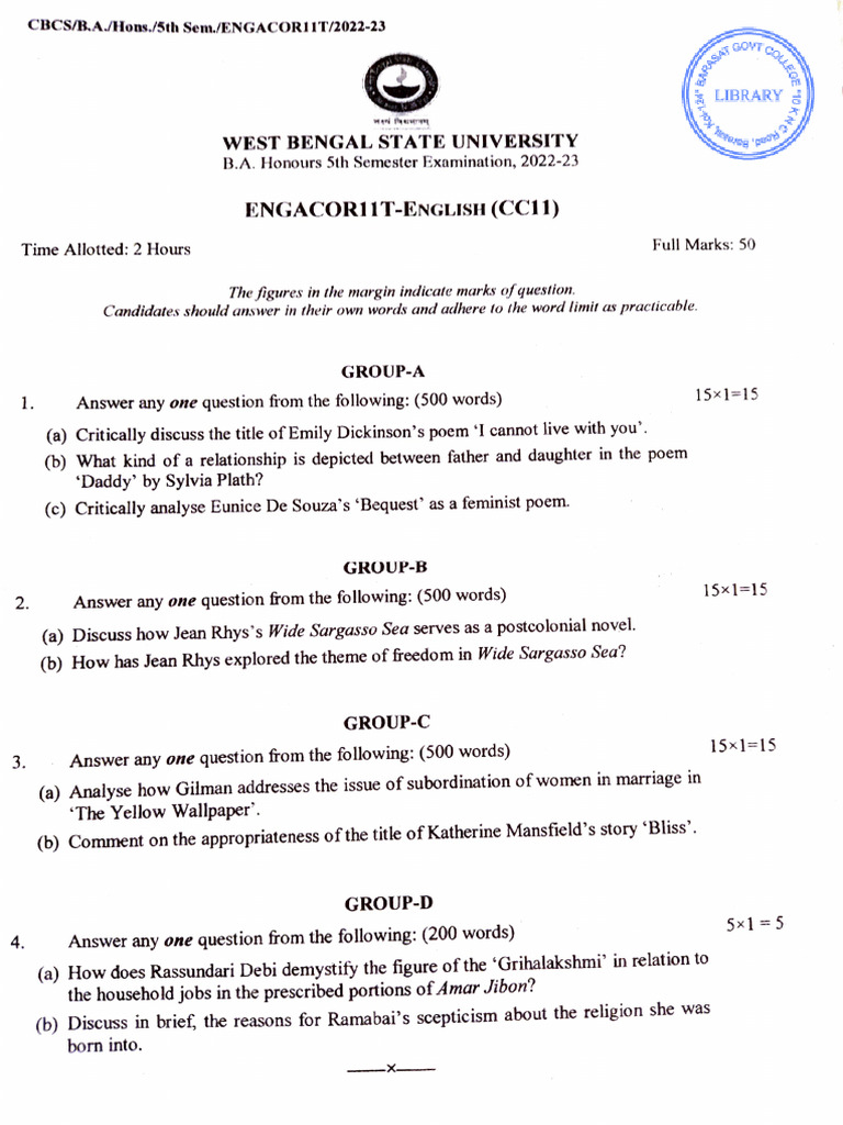 English (Hons) Questions (WBSU) Sem5 ENGA 2020-23 Library | PDF