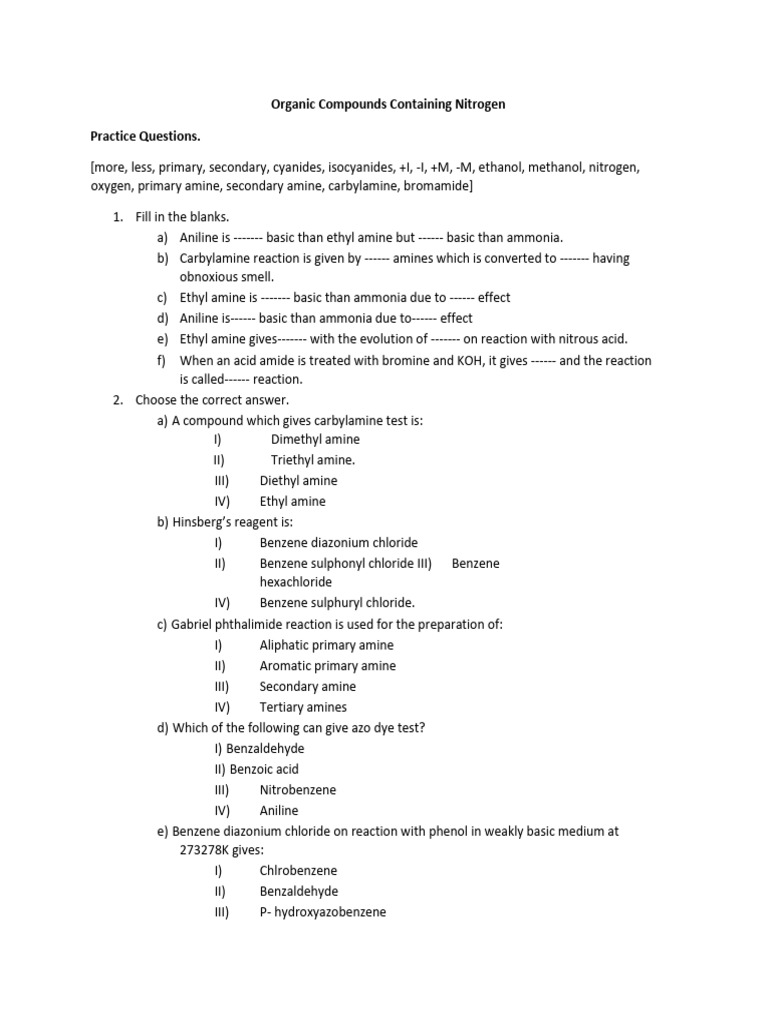 Practice Questions - Amines | PDF | Amine | Chemical Substances