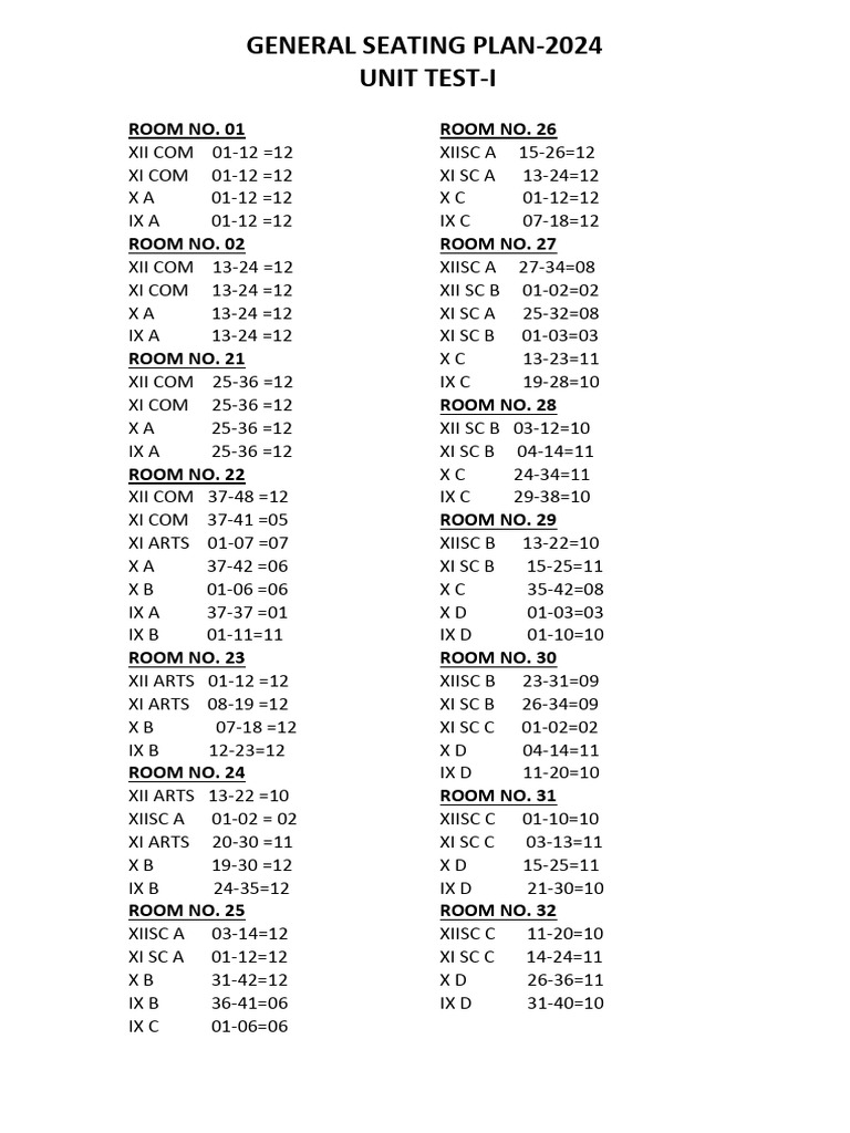 General Seating Plan Home Unit Test-I - 2024 | PDF