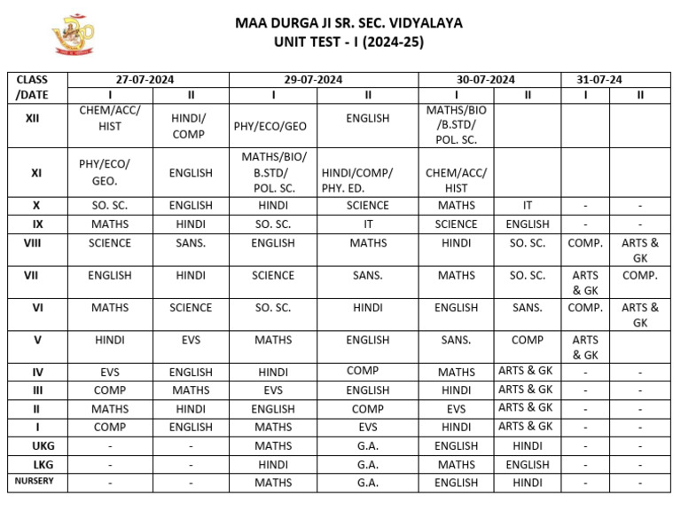 Unit Test Time Table (2024-25) | PDF