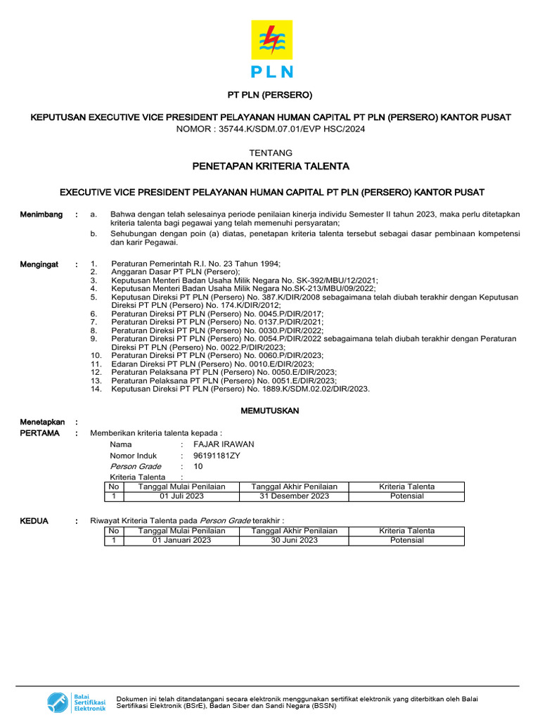 NOMOR: 35744.K/SDM.07.01/EVP HSC/2024 Tentang: Penetapan Kriteria Talenta | PDF