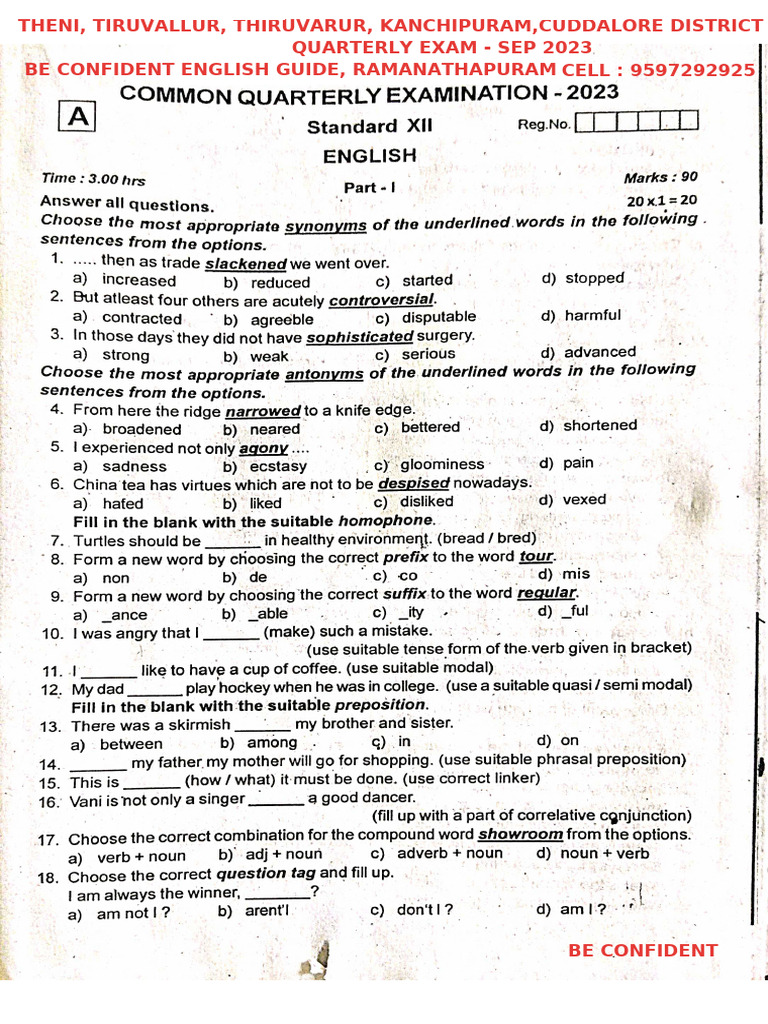 Xii Eng - Quarterly Questions - 2023 | PDF