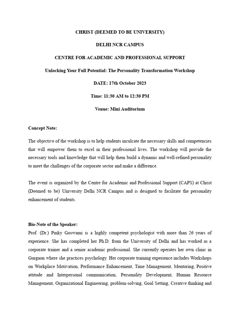 Concept Note - The Personality Transformation Workshop | PDF