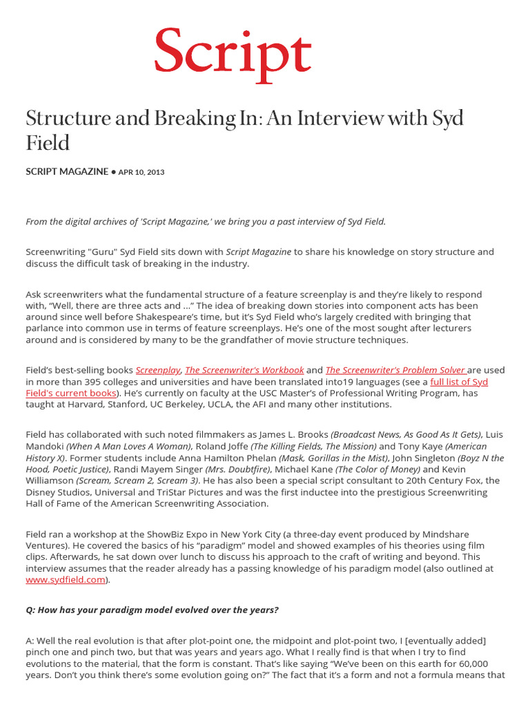 Structure and Breaking in - An Interview With Syd Field - Script ...