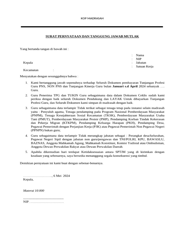 Lampiran SPTJM TPG 2024 | PDF