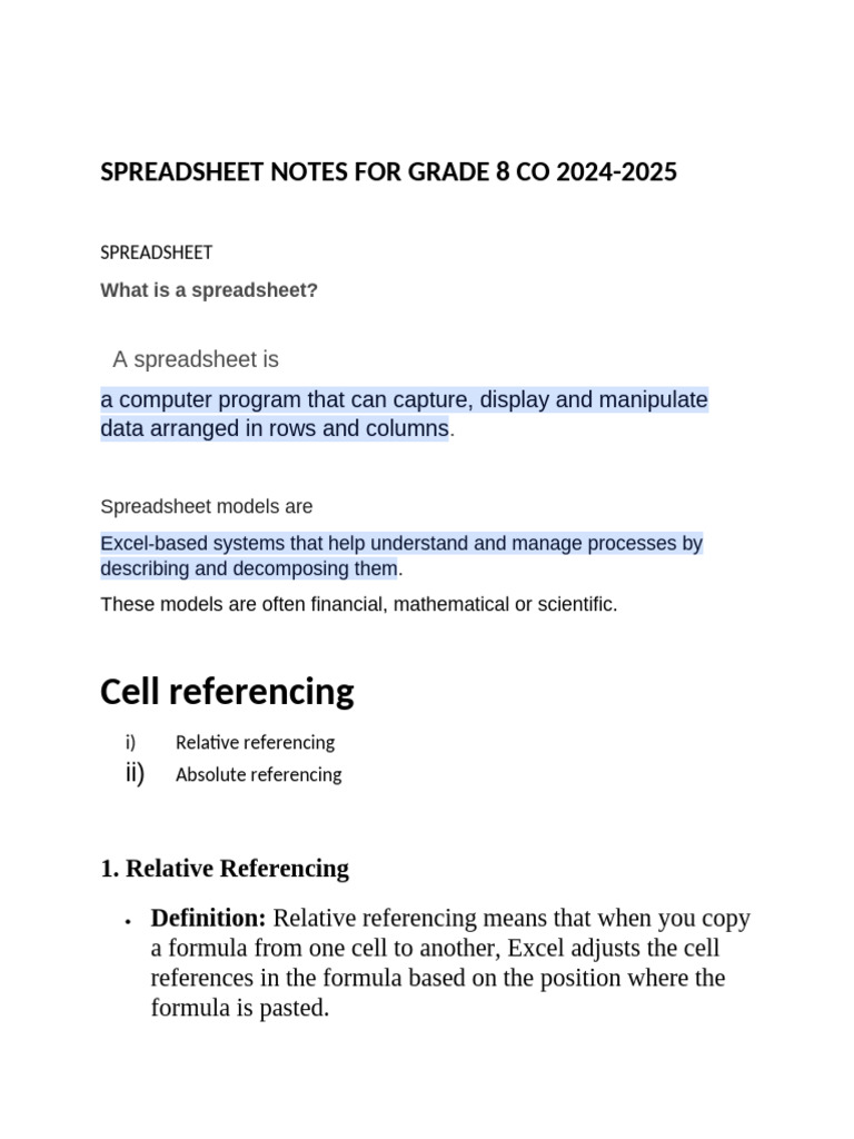 Spreadsheet Notes For Grade 8 Co 2024-2025 | PDF | Spreadsheet ...