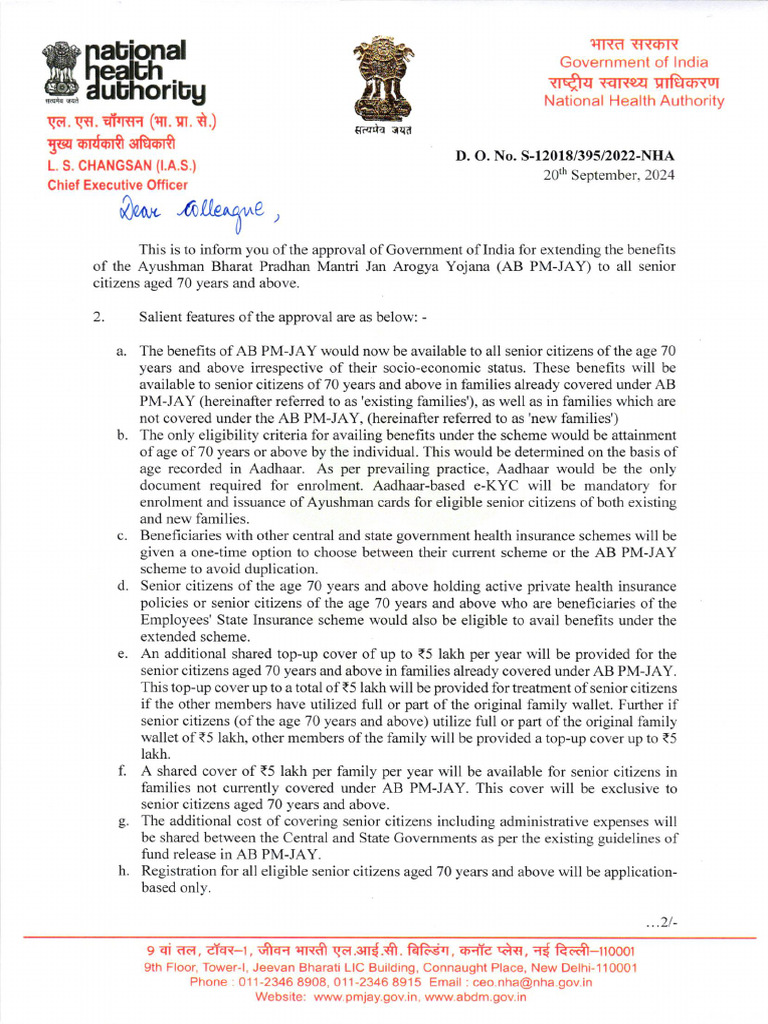 DO Regarding Extension of AB PM-JAY To Senior Citizens For 70 Years and Above | PDF