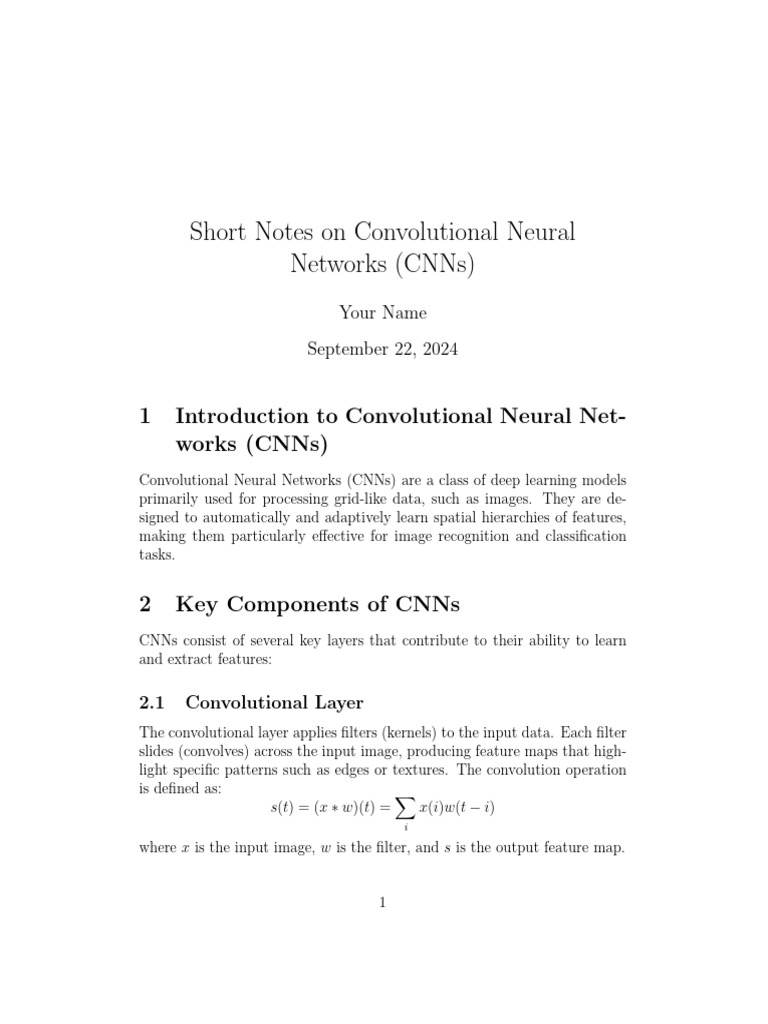 Short Notes On Convolutional Neural Networks (CNNS) | PDF