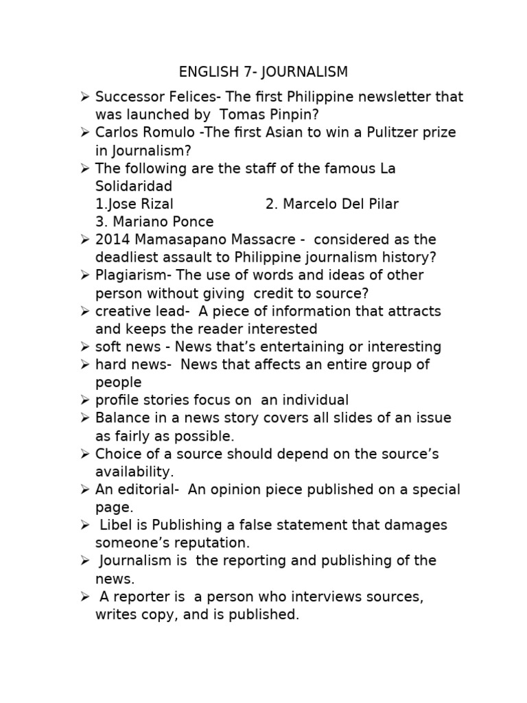 ENGLISH 7 Journalism Reviewer | PDF