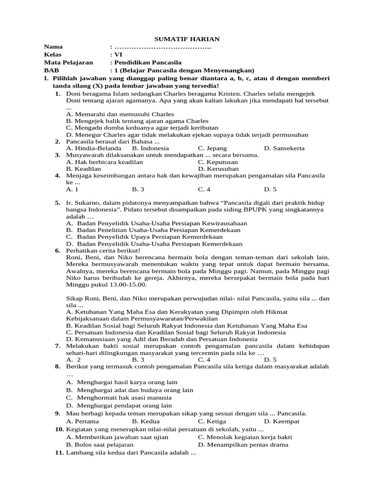 SOAL SUMATIF PPKN BAB 1 KLS 6 | PDF
