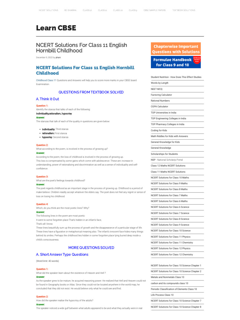 NCERT Solutions for Class 11 English Hornbill Childhood | PDF