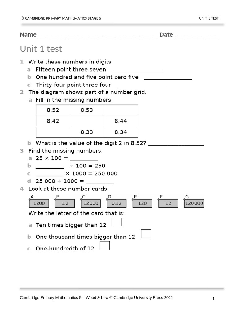 Prim Maths 5 2ed TR Unit 1 Test | PDF