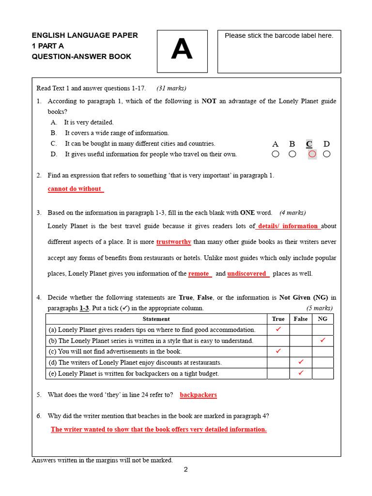 1920 S4 T1 Revision Paper (Reading) - Suggested Answers | PDF