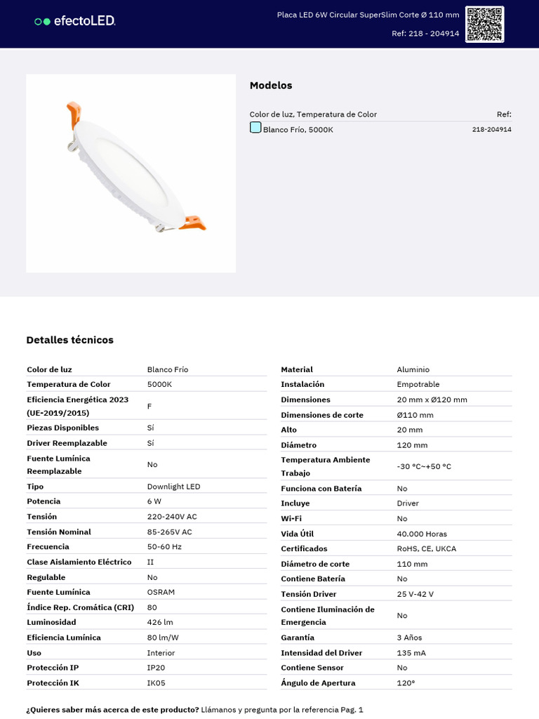 Placa LED 6W Circular SuperSlim Corte Ø 110 MM | PDF