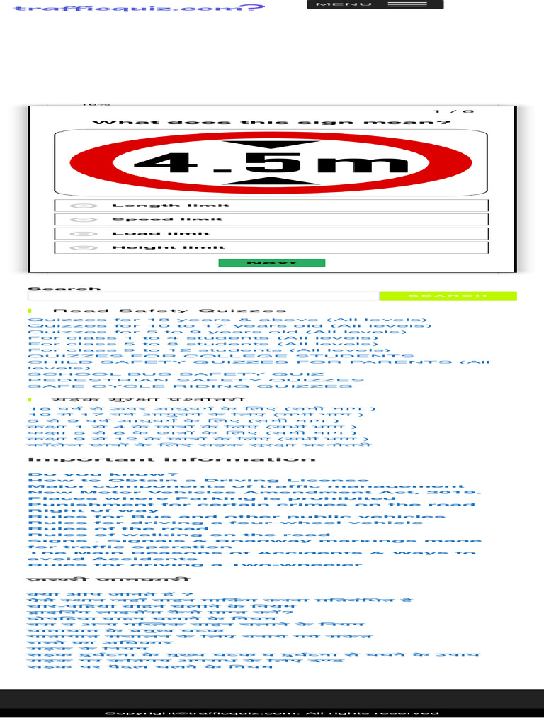 Road Safety Quiz (Class 9 To 12) - Level 5 | PDF