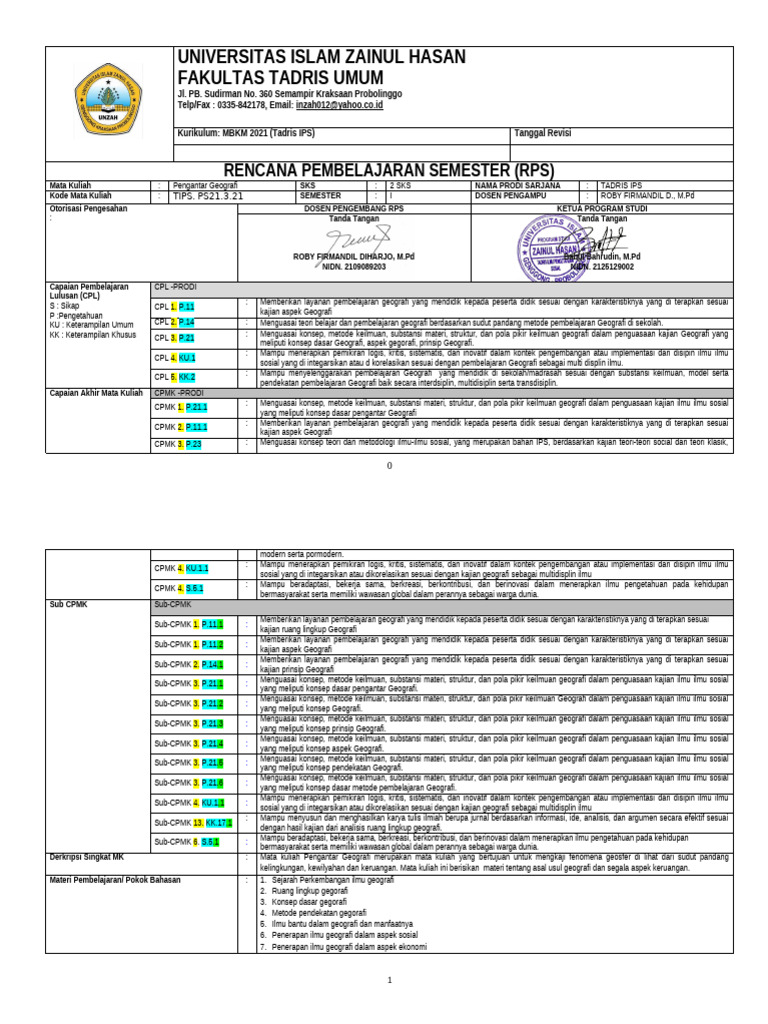 RPS MBKM Roby Pengantar Geografi | PDF