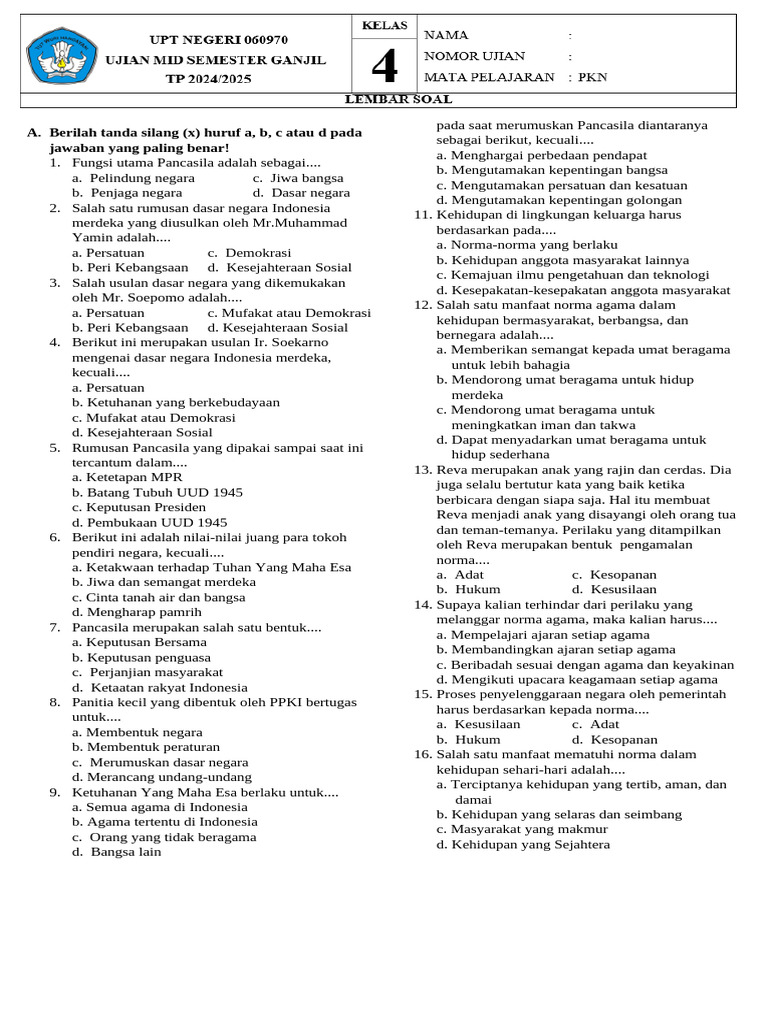 Soal Uts PKN Kelas 4 | PDF