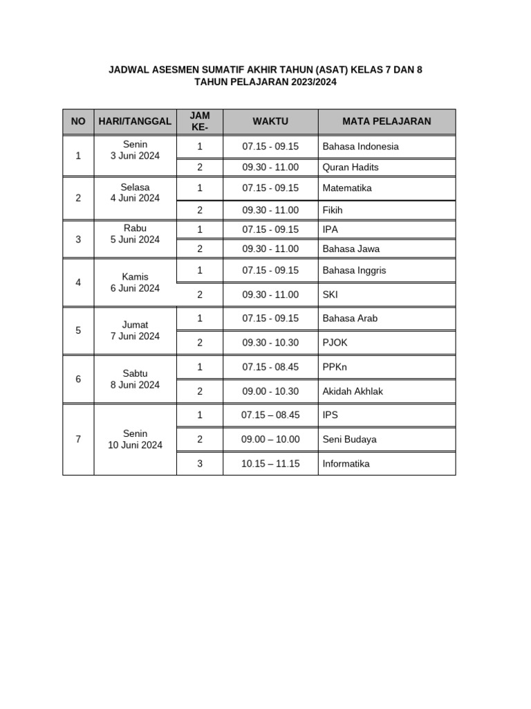 Jadwal ASAT Kelas 7, 8 2023-2024 Revisi | PDF