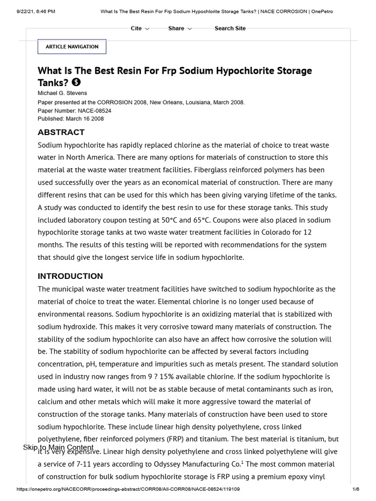 Best Resin For FRP Sodium Hypochlorite Storage Tanks - NACE CORROSION ...