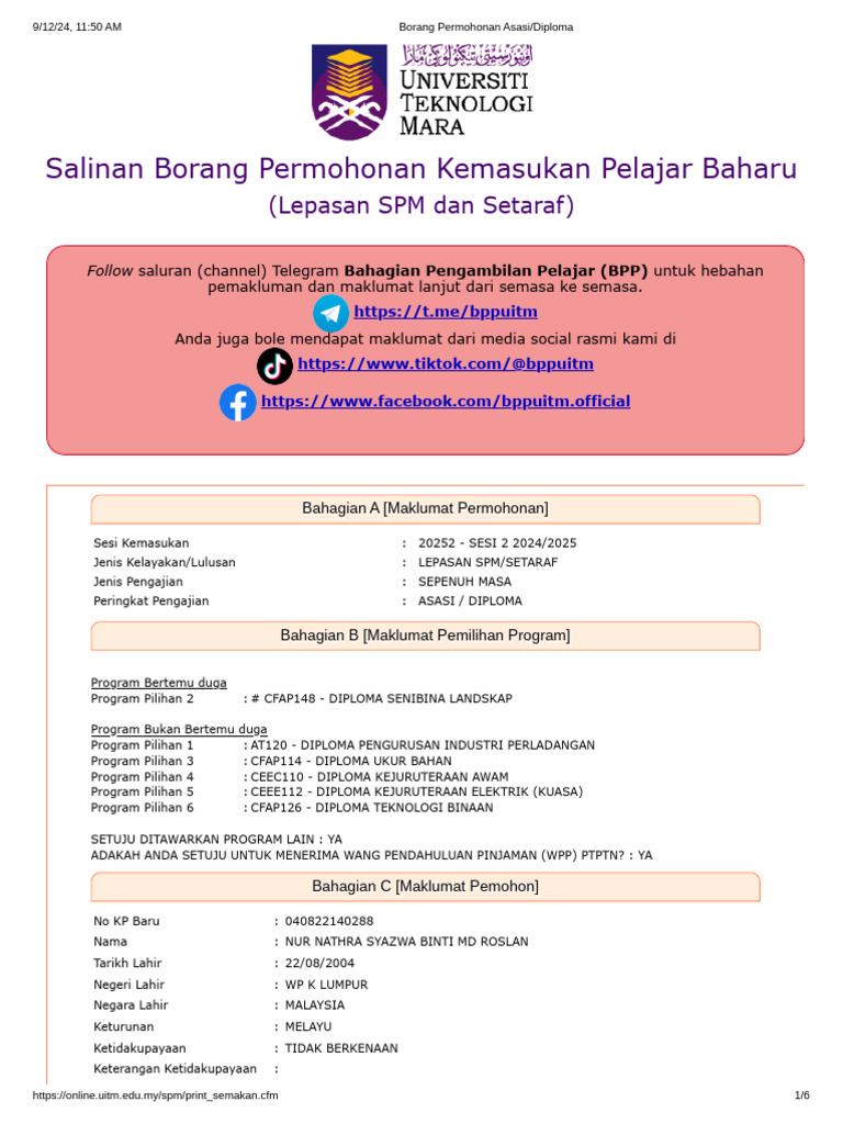 Borang Permohonan Asasi - Diploma | PDF