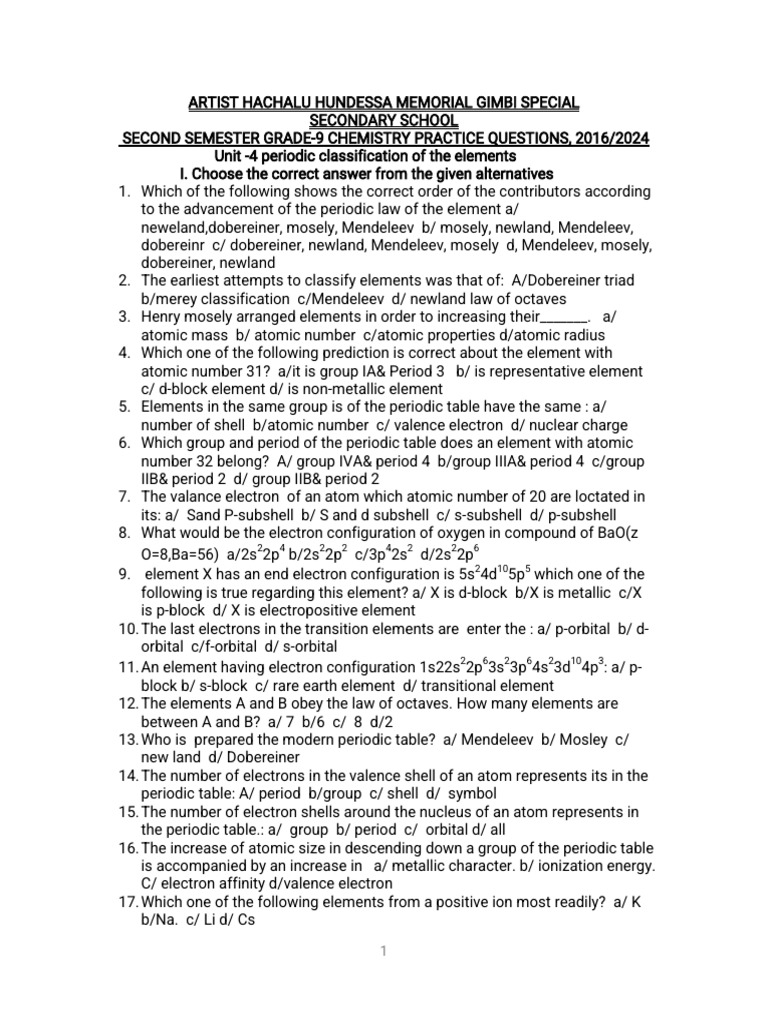 Grade 9 Chemistry Work Sheet | PDF