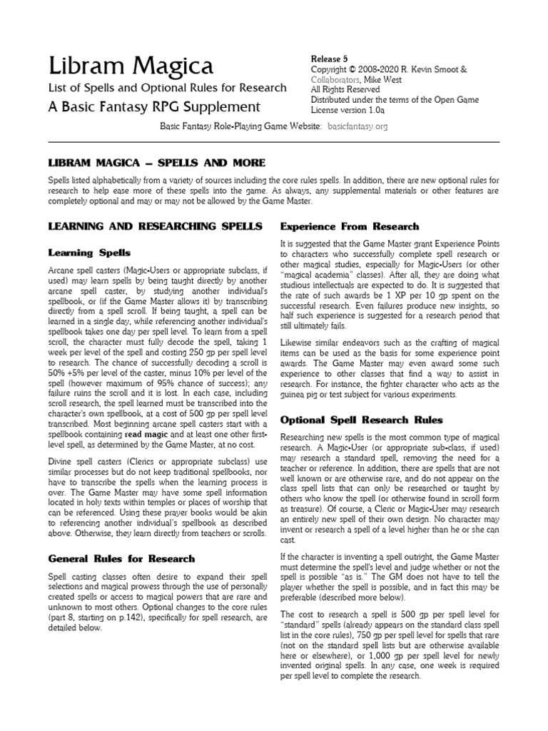 Basic Fantasy Libram Magica-R5 | PDF