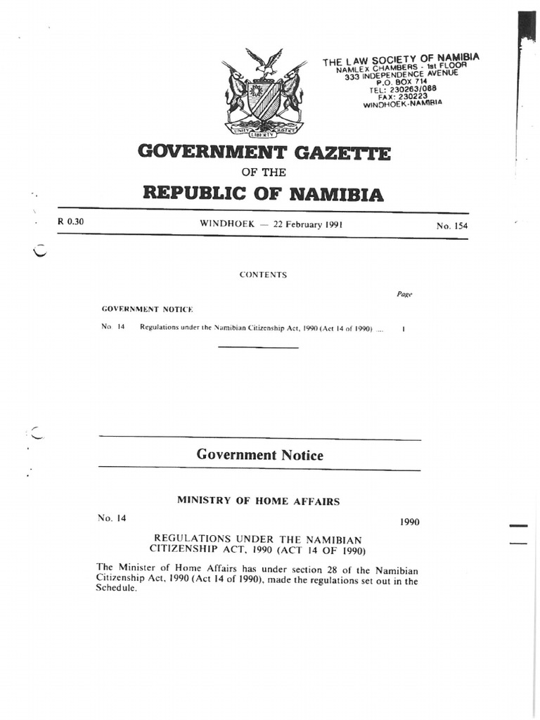 Regulations Under The Namibian Citizenship Act | PDF