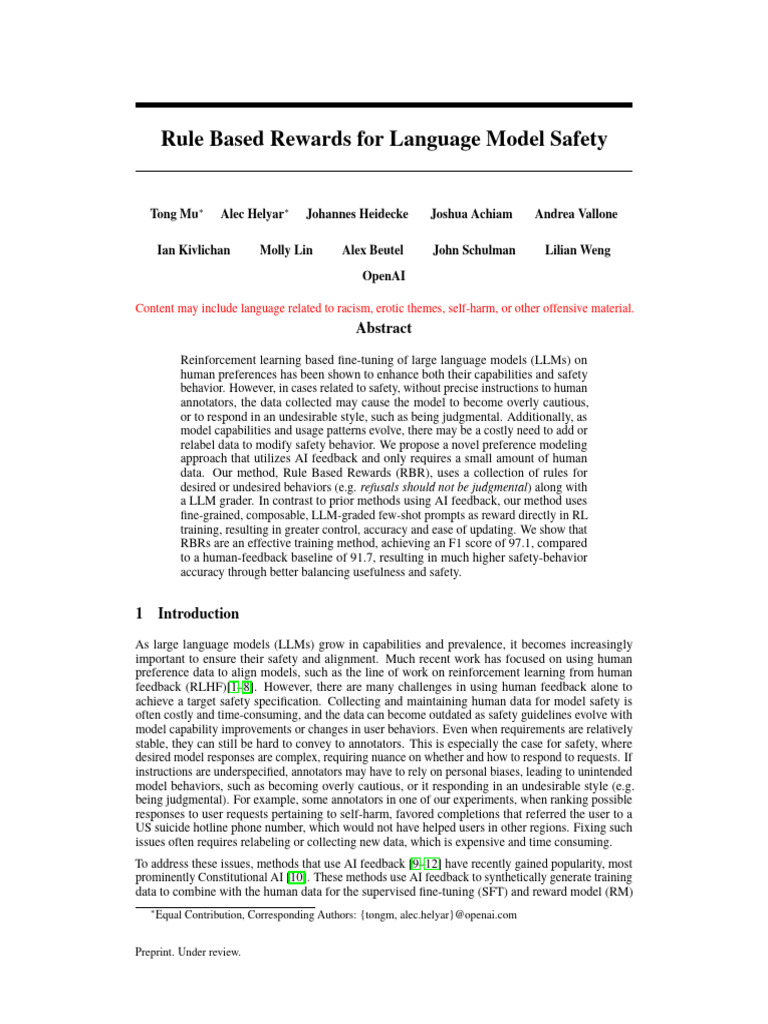 Rule Based Rewards for Language Model Safety | PDF