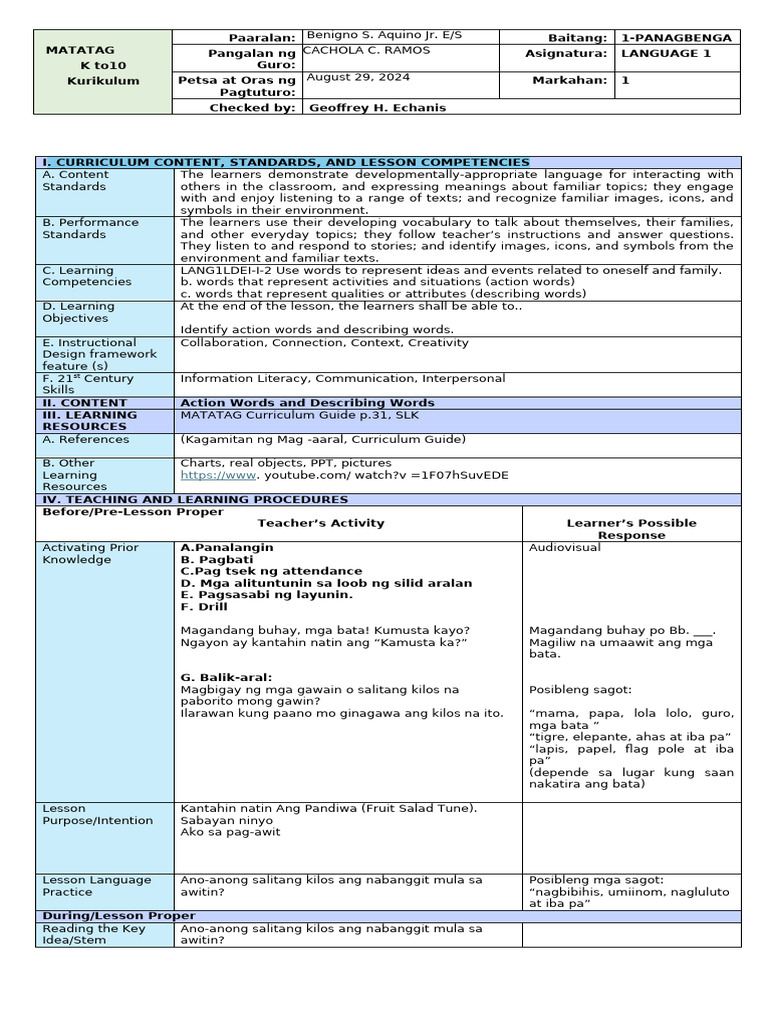 Action and Descriptive Words Lesson Plan | PDF | Learning | Career & Growth