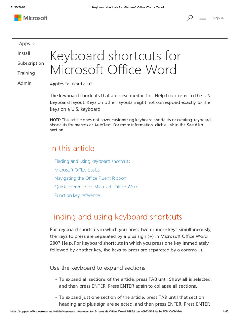 Keyboard shortcuts for Microsoft Office Word | PDF