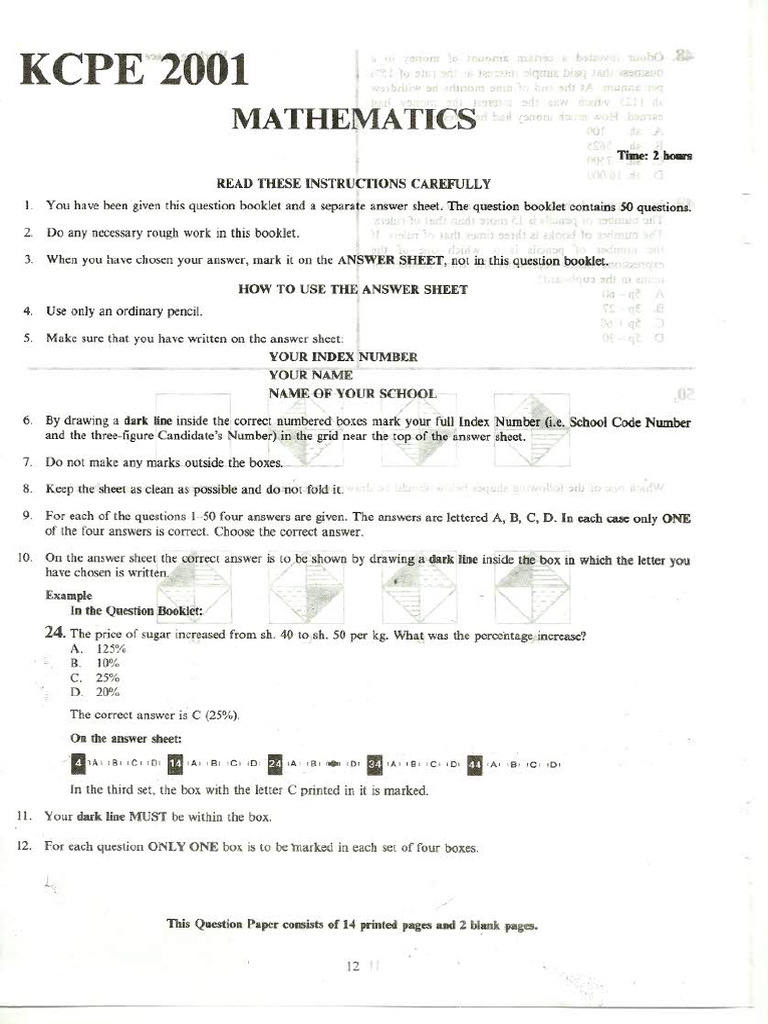 Kcpe 2001 Mathematics e | PDF