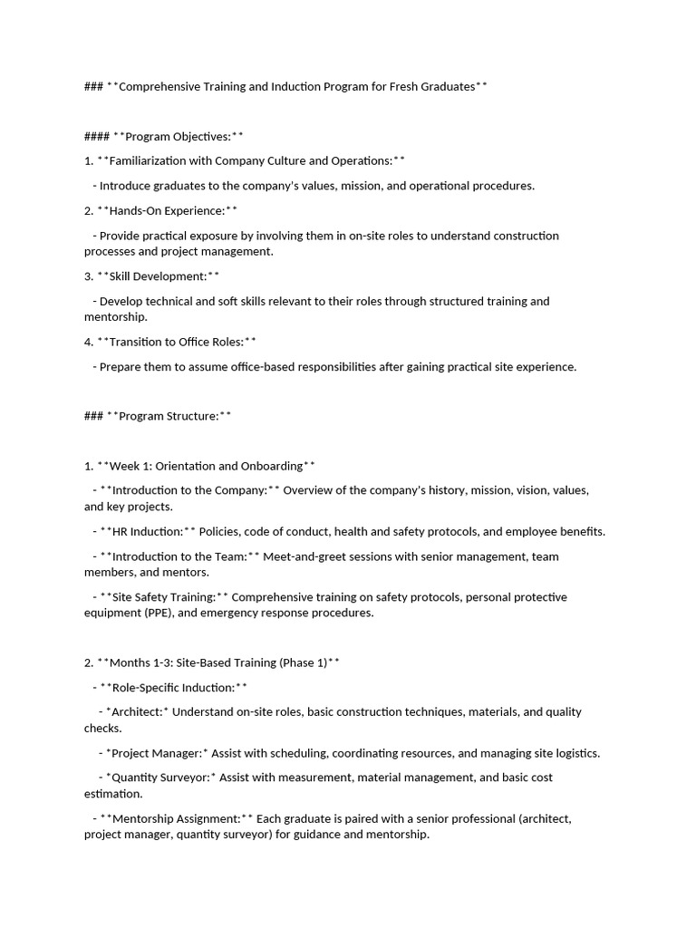 Comprehensive Training and Induction Program For Fresh Graduates | PDF