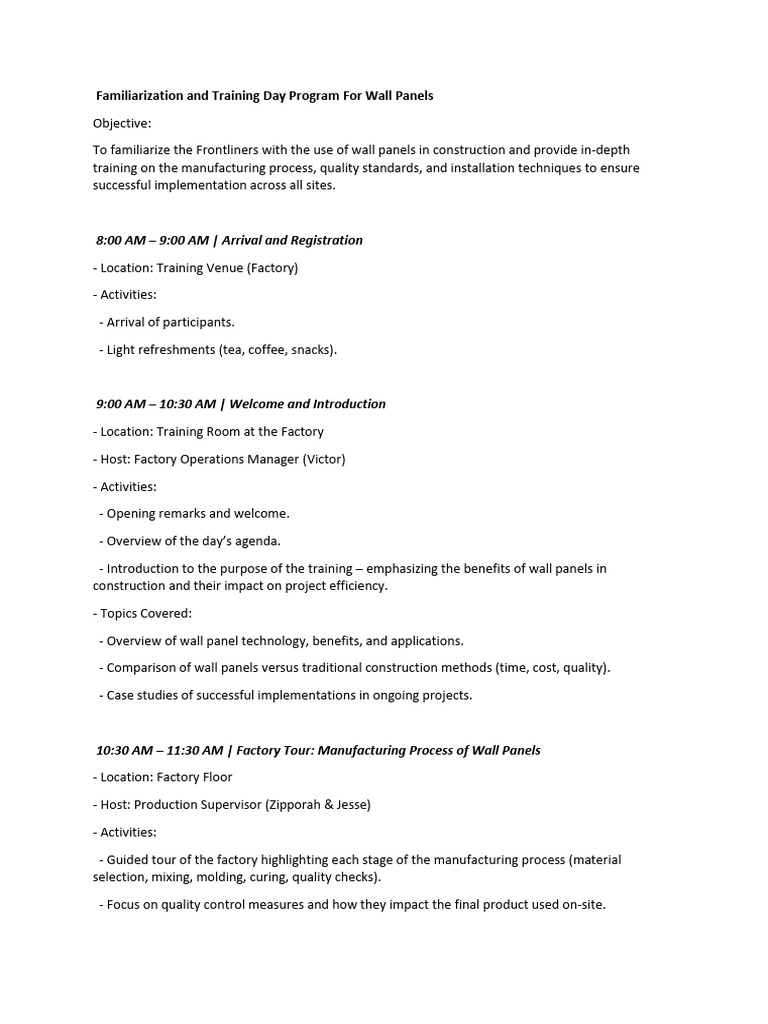 Familiarization and Training Day Program For Wall Panels | PDF