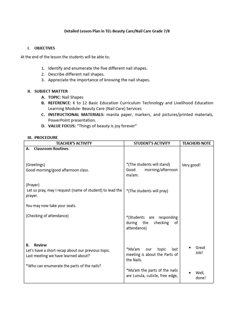 Detailed Lesson Plan in TEL - docxDEMO | PDF | Nail (Anatomy ...