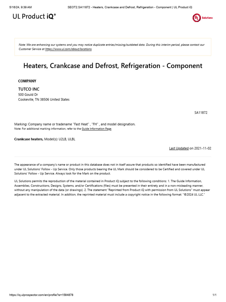 SEOT2.SA11872 - Heaters, Crankcase and Defrost, Refrigeration - Component - UL Product Iq | PDF