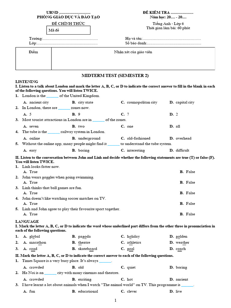 Hoclieu - Midterm Test (Semester 2) | PDF