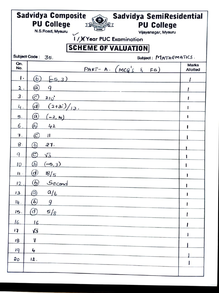Sadvidya I PUC Mathematics Scheme | PDF