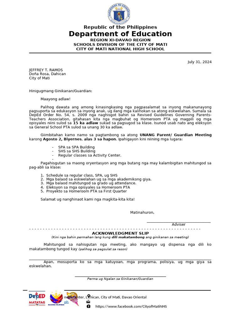 Letter First PTA Meeting | PDF